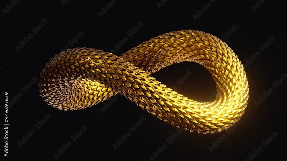 3d render, twisted loop infinity symbol with shiny golden snake scales ...