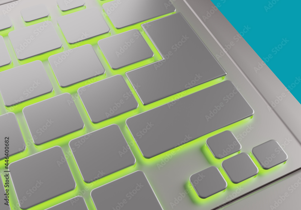 Gray keyboard. Closeup shot of computer keyboard. Keys with yellow neon ...
