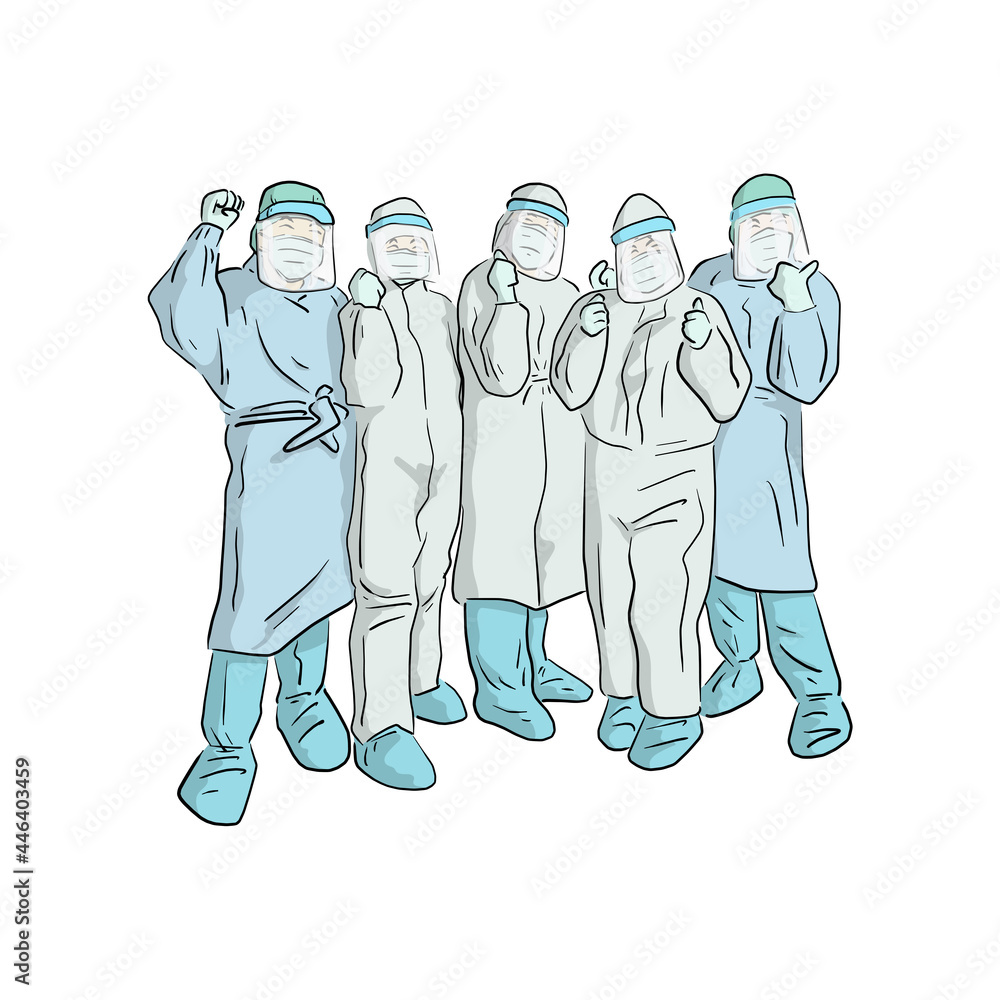 five people in ppe suit with thumbs up hand drawn with black lines ...