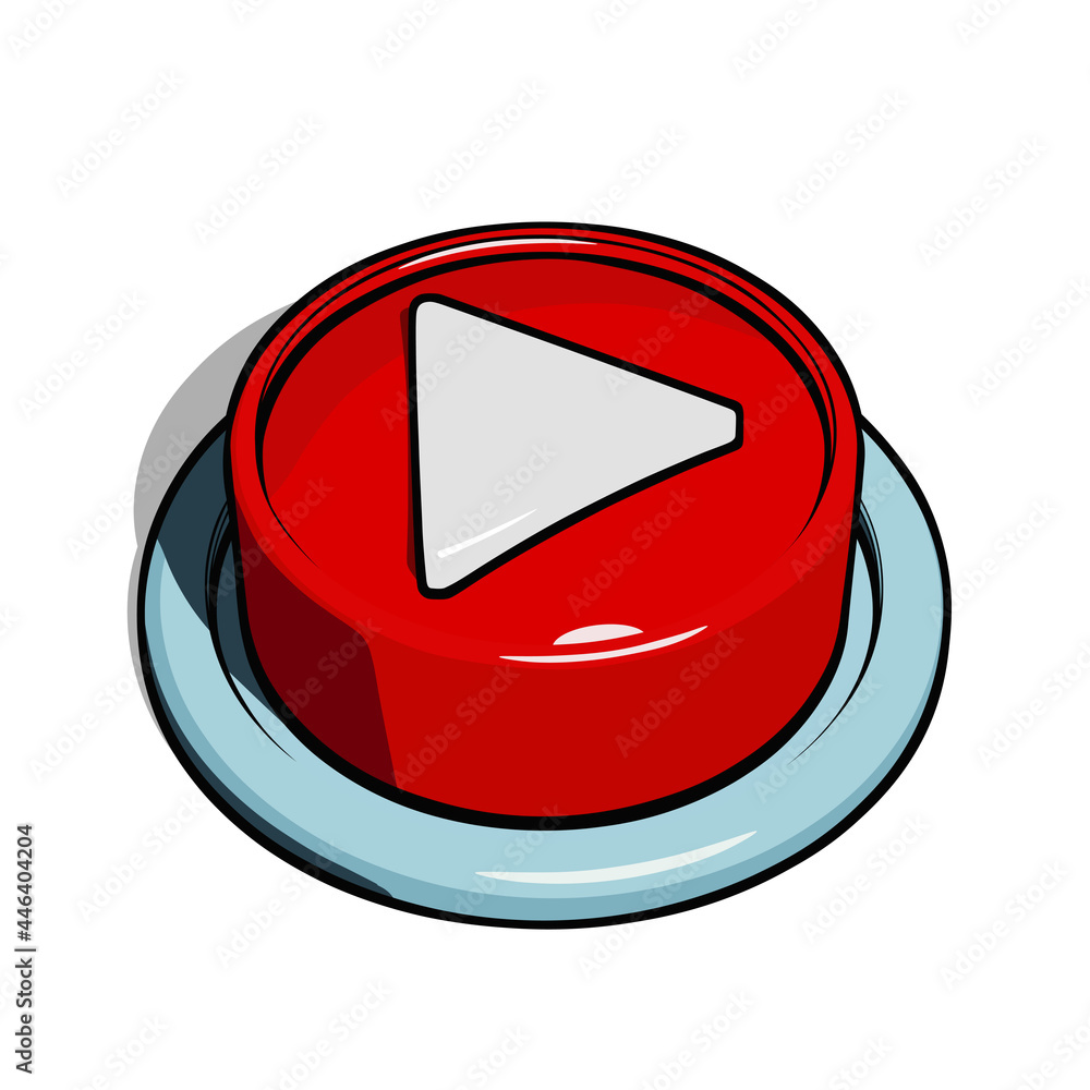 Big round red play button in comic cartoon style isolated on a white ...