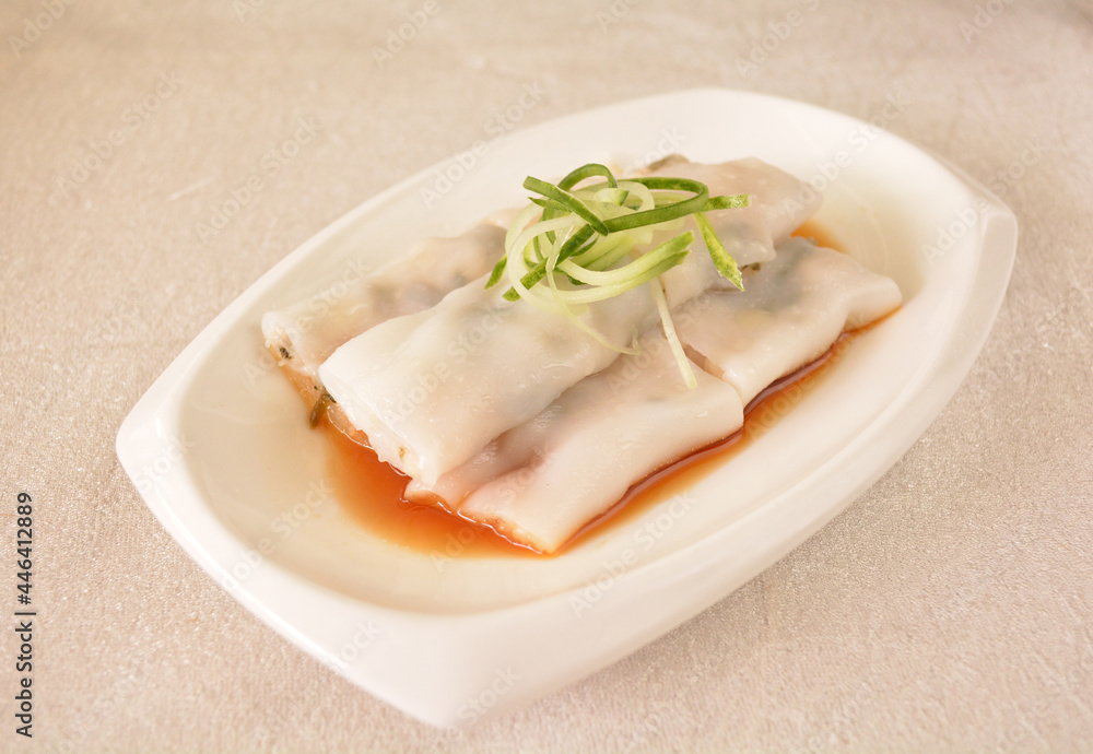 steamed rice vermicelli noodle roll wrapped with char siew prawn meat ...