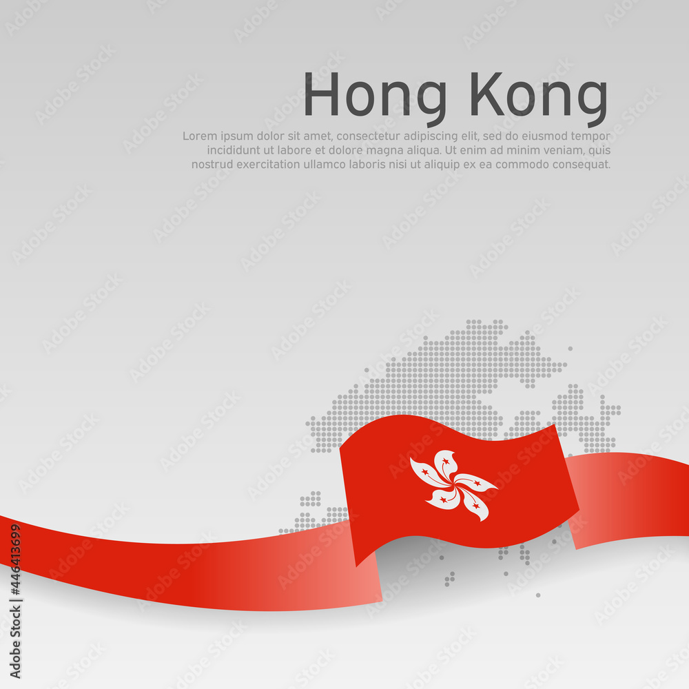 Hong Kong flag, mosaic map on white background. Wavy ribbon with the ...