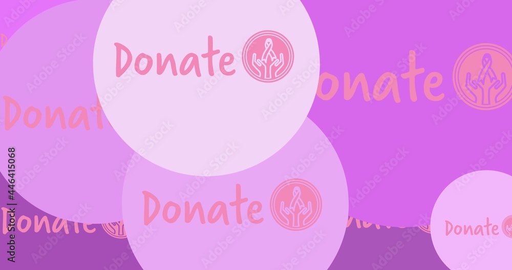 Composition of multiple pink ribbon logo and donate text on pink and ...