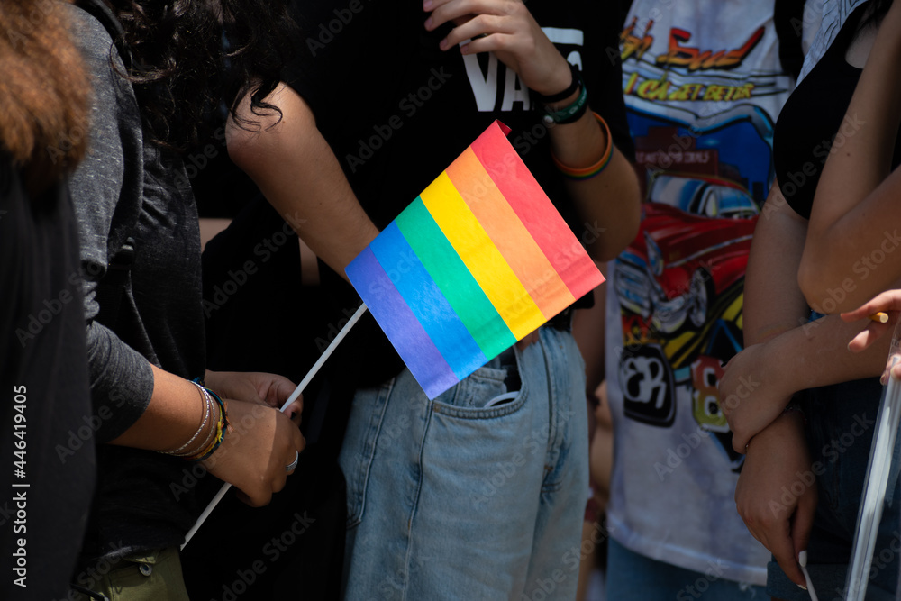 Group of young people in the pride parade on the city street with gay ...
