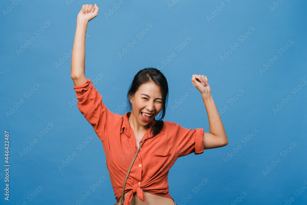 Young Asia lady with positive expression, joyful and exciting, dressed ...