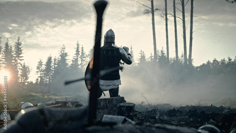 Medieval Knight Standing on Battlefield amidst Dead Enemies. Victorius ...