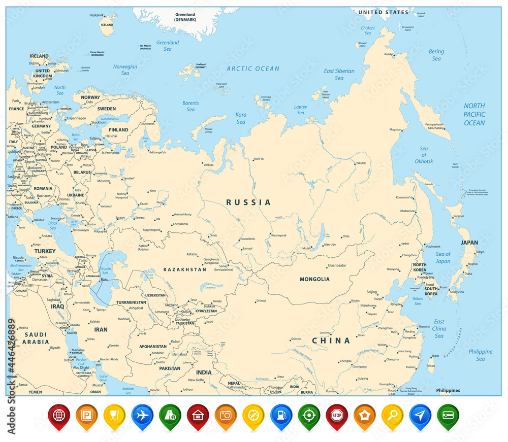 Eurasia detailed map and colorful map pointers. Stock Vector | Adobe Stock