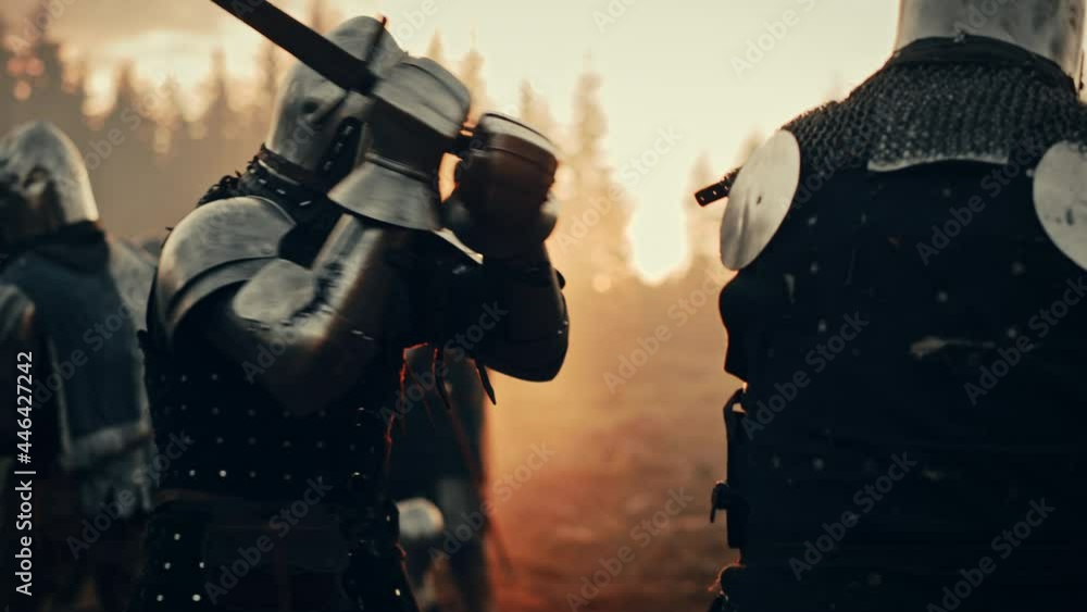 Video „Epic Battlefield: Two Armored Medieval Knights Fighting with Swords. Dark Ages Army ...