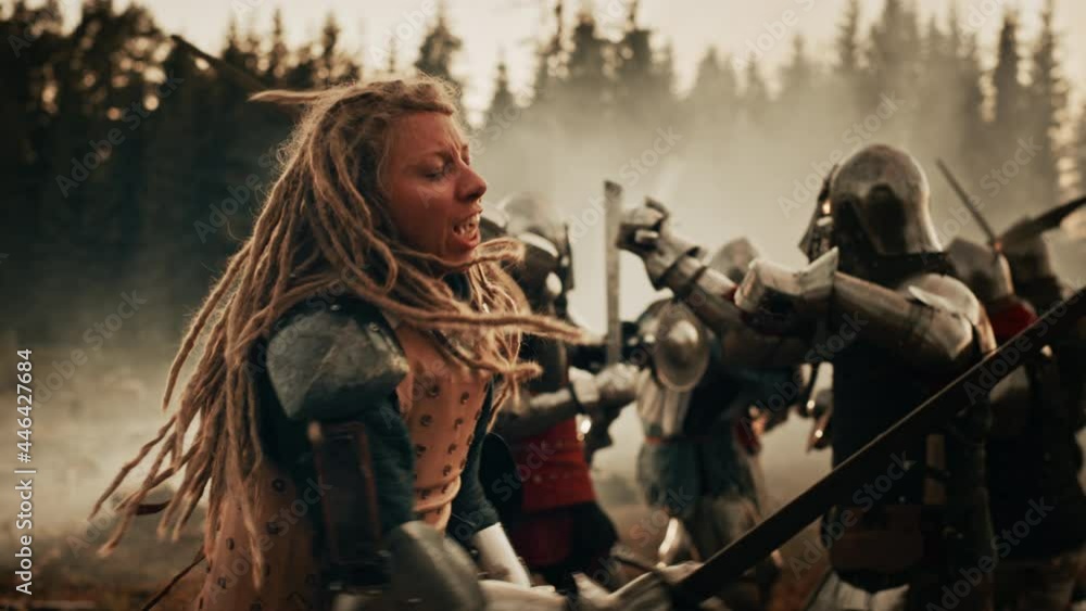Epic Battlefield: Powerful Female Warrior Attacking, Fighting with ...