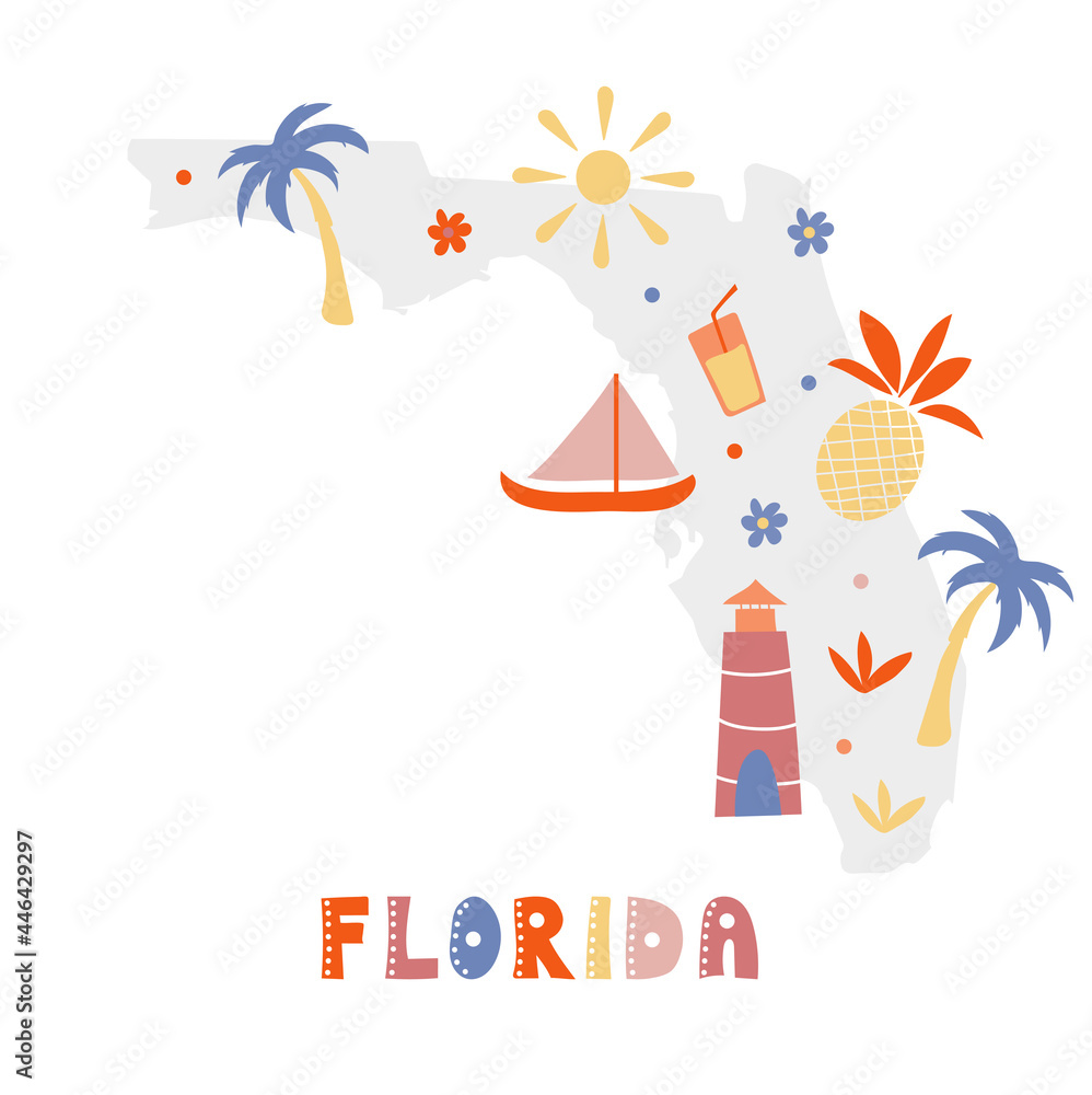 USA map collection. State symbols and nature on gray state silhouette ...