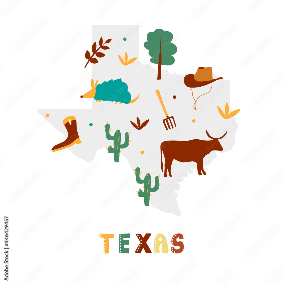 USA map collection. State symbols and nature on gray state silhouette ...