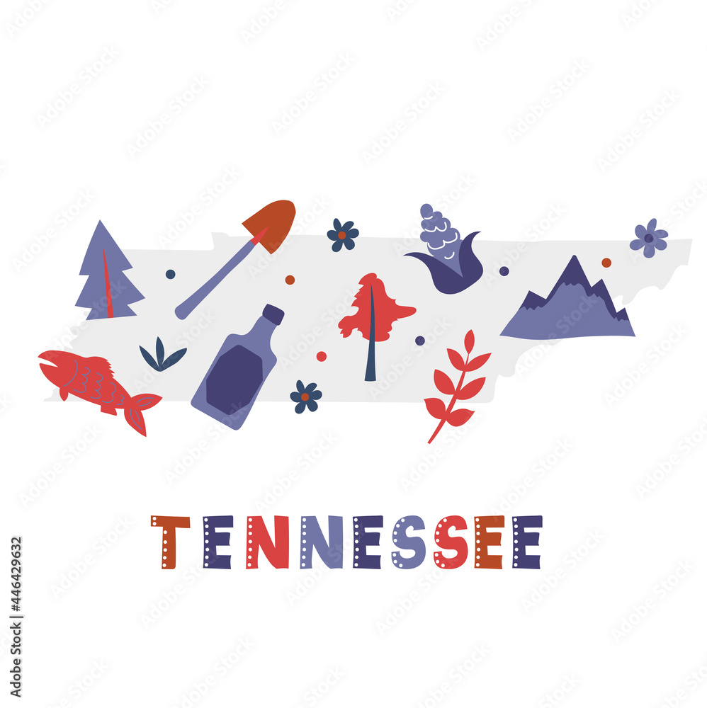 USA map collection. State symbols and nature on gray state silhouette ...