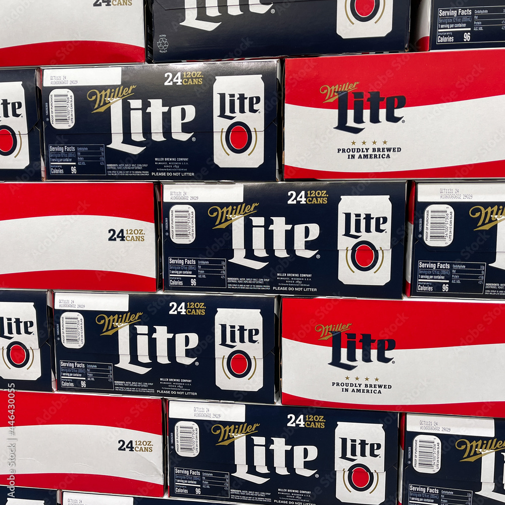 Cases of cans of Miller Lite Beer at a grocery store waiting for ...