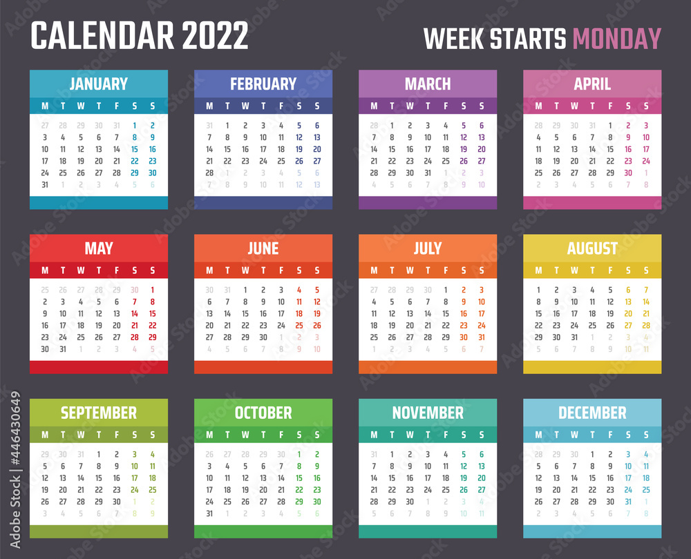 2022 year calendar, calendar design for 2022 starts monday Stock Vector ...