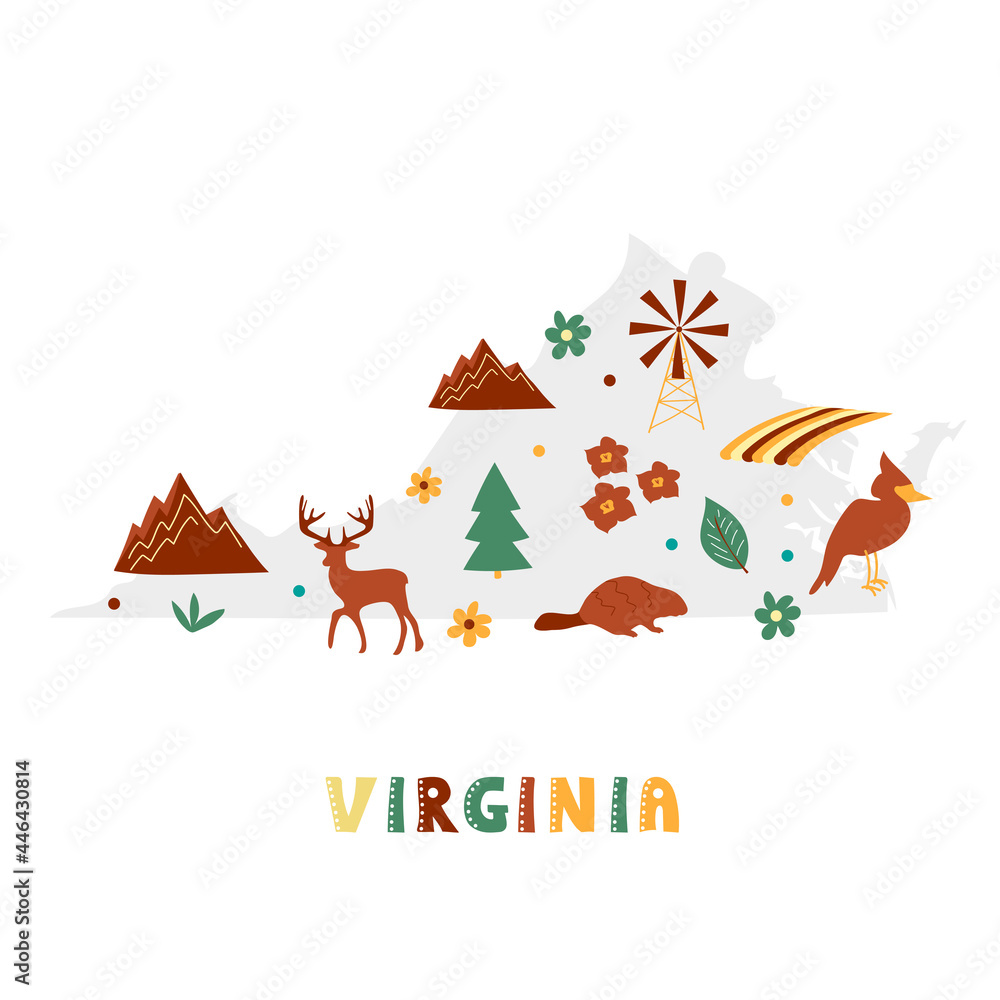 USA map collection. State symbols and nature on gray state silhouette ...