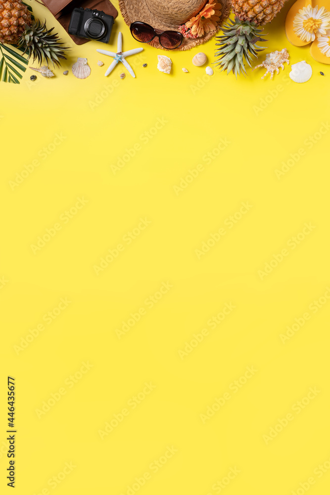 Summer fruit background design concept. Beach with shells, pineapple ...