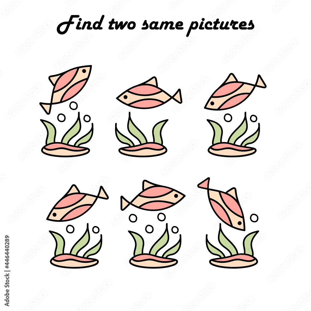Find two identical pictures. . Underwater world, fish and algae. A ...
