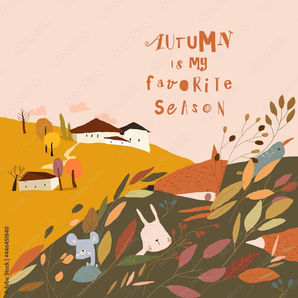 Cartoon Autumn Landscape with Little Village and Animals in Plants ...