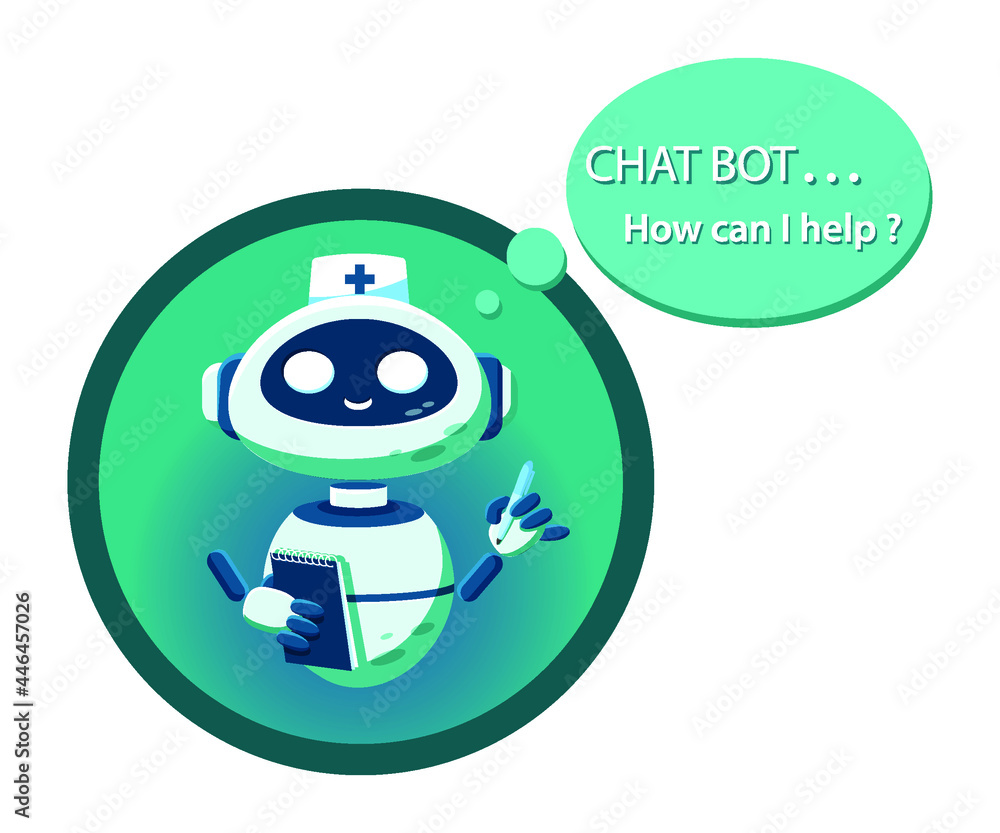 Chatbot in a medical cap, a pen and a notebook in his hands asks how he ...