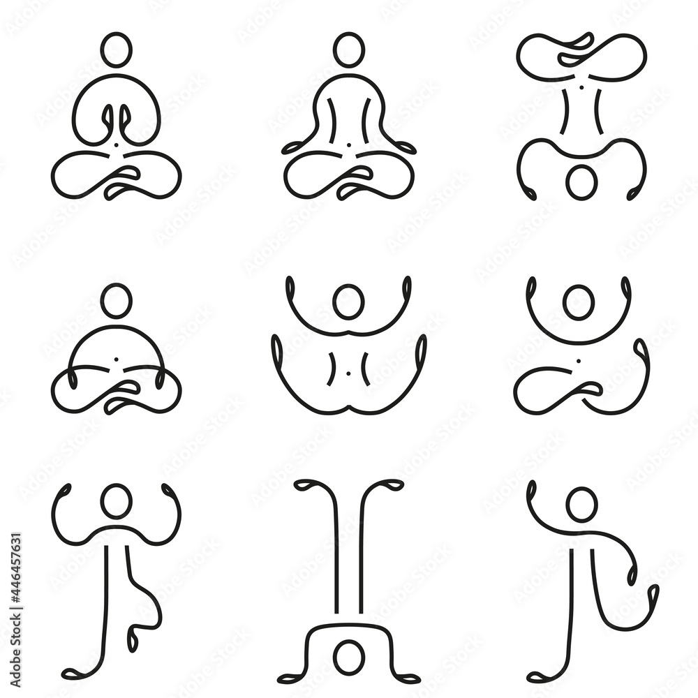 Yoga pose pictogram set. Stylized human in yoga positions. Silhouette ...