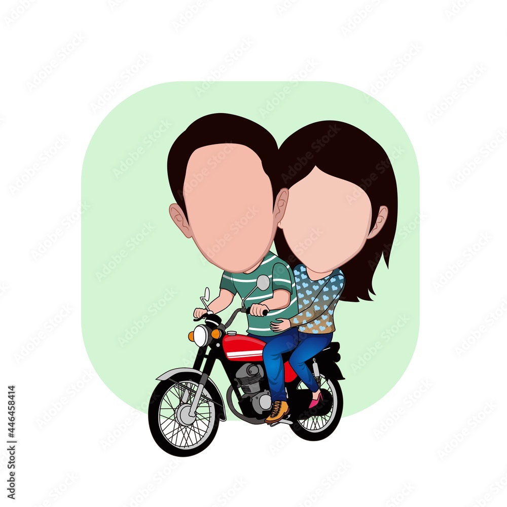 cartoon caricature of a couple riding a classic custom motorcycle ...