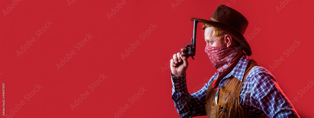 Portrait of a cowboy. American bandit in mask, western man with hat ...