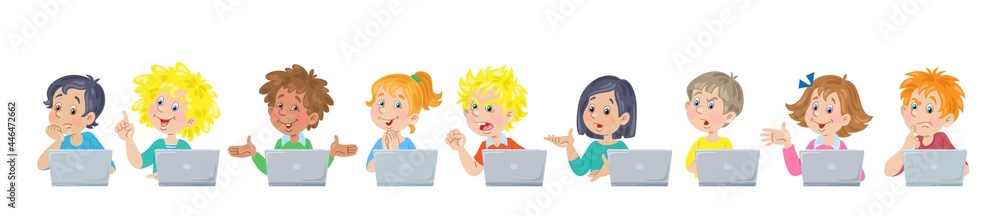 Computer class. Nine children with laptops. Different nationalities ...