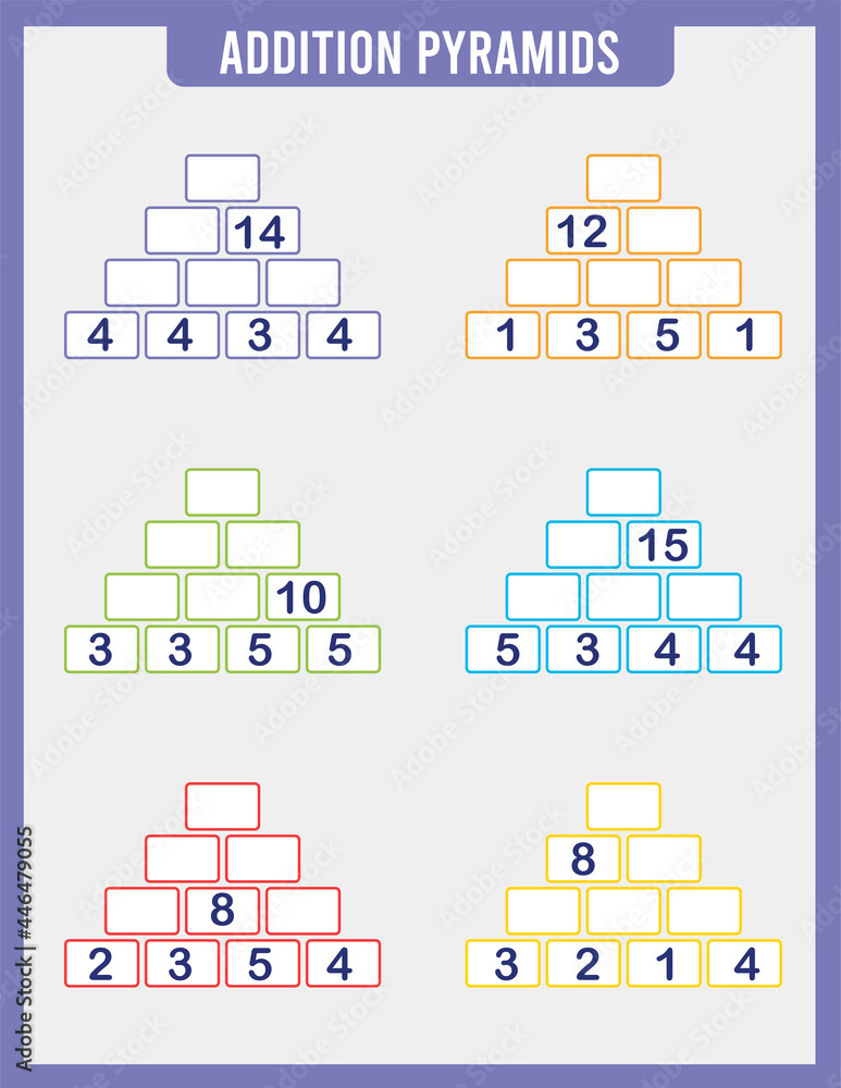 Mathematical addition pyramid game, math worksheet for kids Stock ...