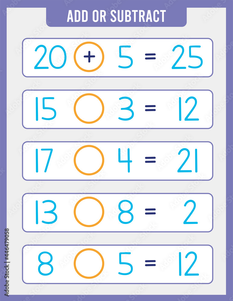 Educational page for young children on addition and subtraction ...