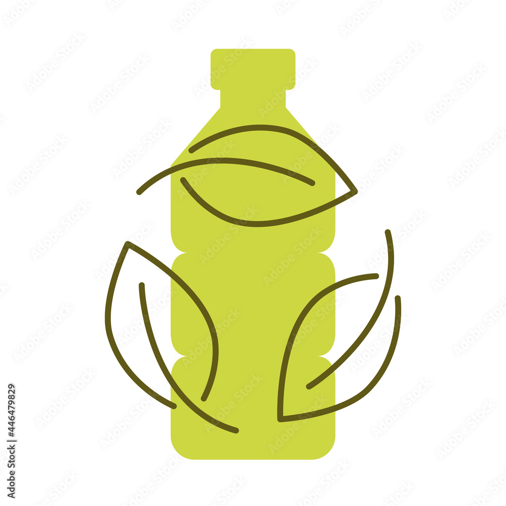 Biodegradable plastic, sign. Icon of plastic bottle with green leaves ...