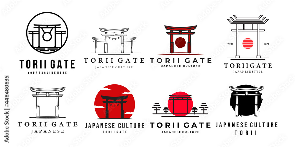 set of torii gate logo vintage and line art vector illustration ...