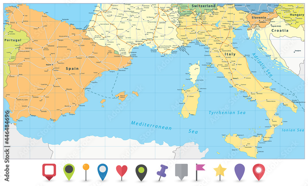 Spain and Italy Map and Flat Map Icons Stock Vector | Adobe Stock