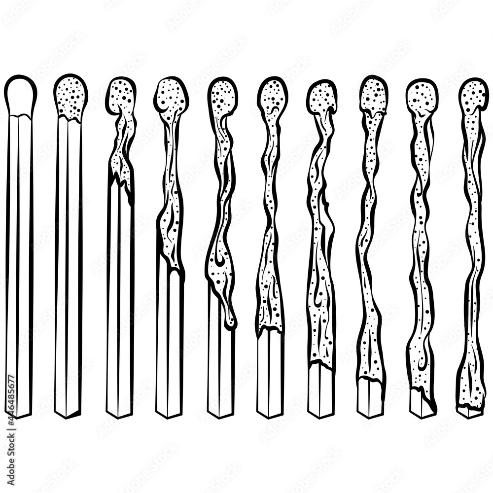 Burnt matchsticks. Hand drawn vector illustration with black outline ...