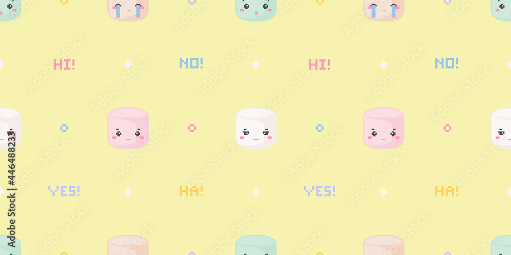 Seamless pixel art cute pattern with marshmallows. Kawaii 8 bit ...