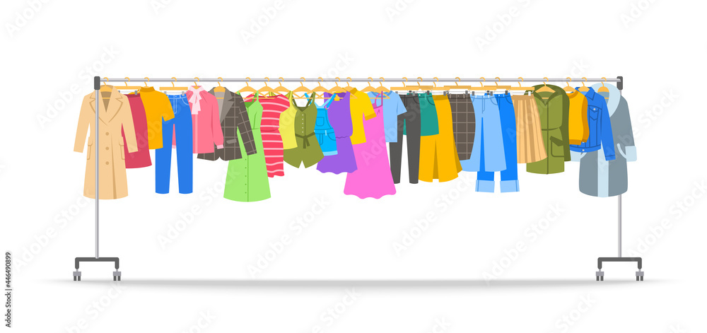 Women clothes on long rolling hanger rack. Many different garments ...