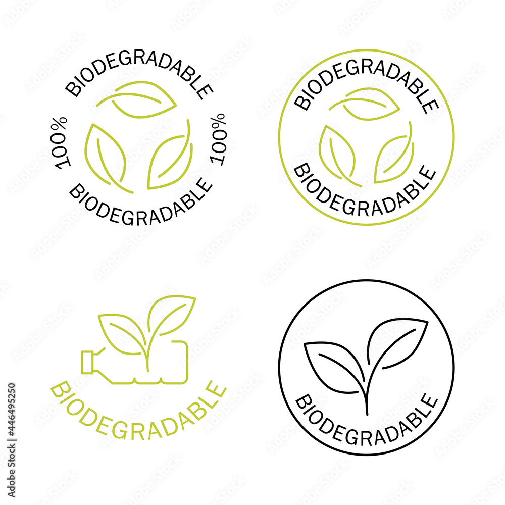 Vetor de Biodegradable icons. Icon of plastic bottle with green leaves ...