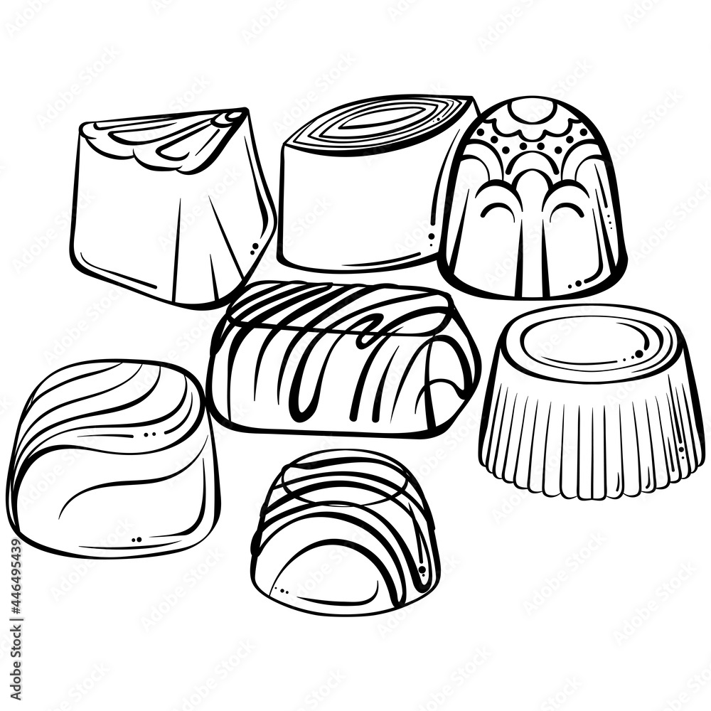 Chocolate candies assorted. Hand drawn vector illustration in sketch ...