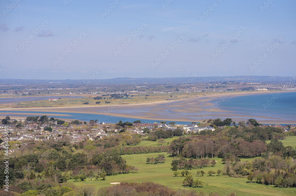 Beautiful scenic aerial-like bright view of golf course with trees and ...