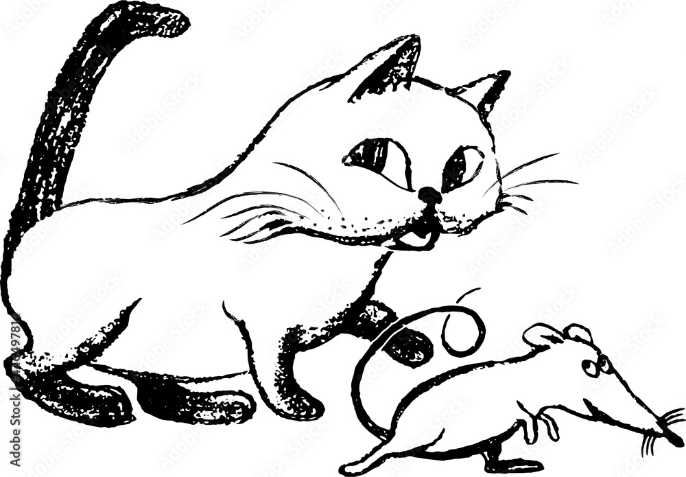 Vector contour drawing of cartoon domestic cat and funny sly rat Stock ...