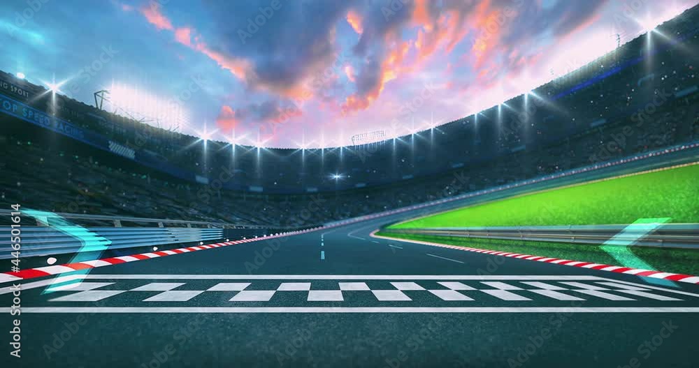 White finish line on asphalt race track with fans on racing stadium ...