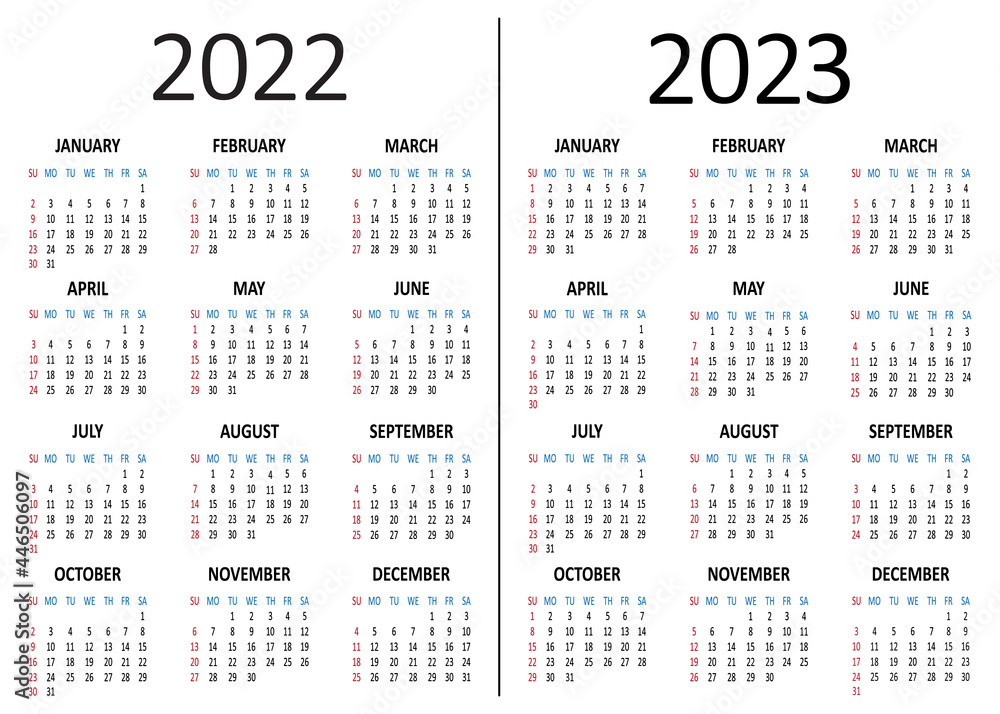 American calendar 2022 2023 years. Week starts from Sunday. Vector ...