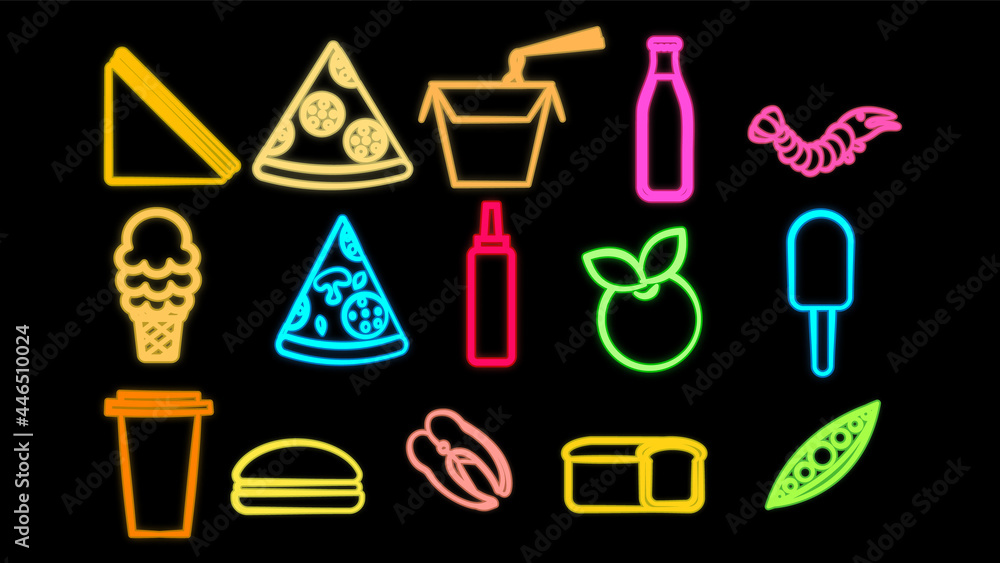 Neon bright glowing multicolored set of 15 icons of delicious food and ...