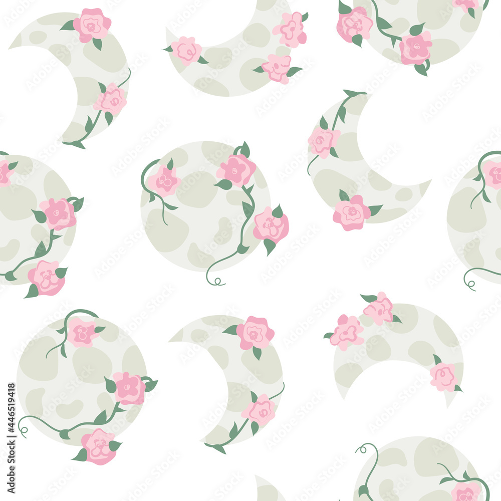 Seamless pattern with moon and flowers. Vector background. Moon phases ...