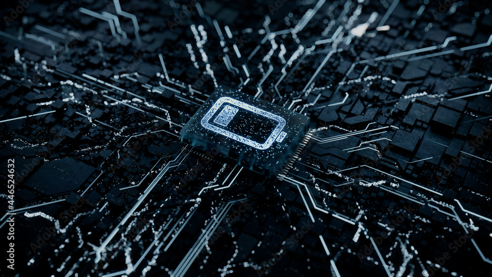 Energy Technology Concept with low battery symbol on a Microchip. Data ...