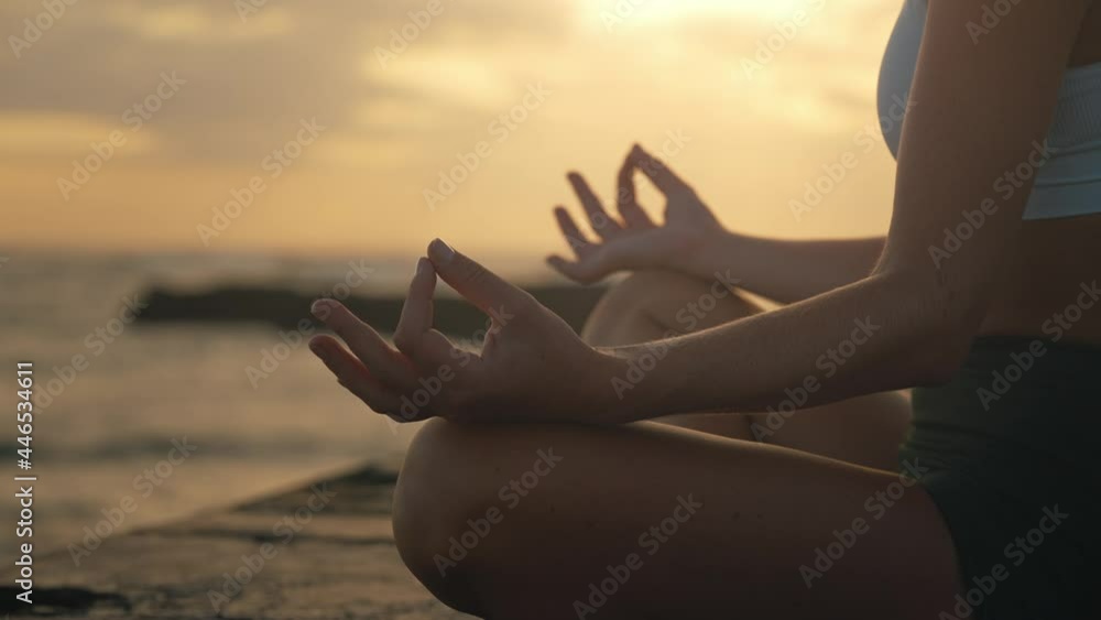 Thumb and index fingers touching in zen meditation pose of female hands ...