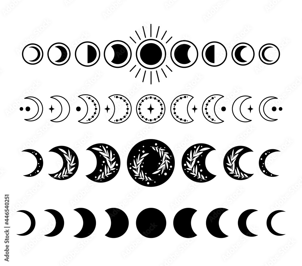 Vetor de Mystical boho moon phases isolated cliparts bundle, celestial ...