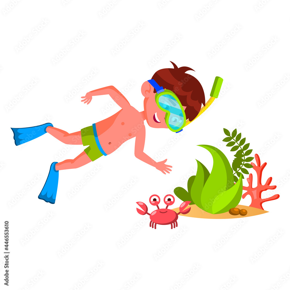 Boy Kid Swim And Research Underwater World Vector. Caucasian Preteen ...