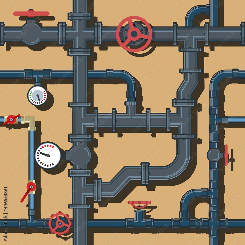 Pipeline system. Seamless pattern. With taps and pressure gauges ...