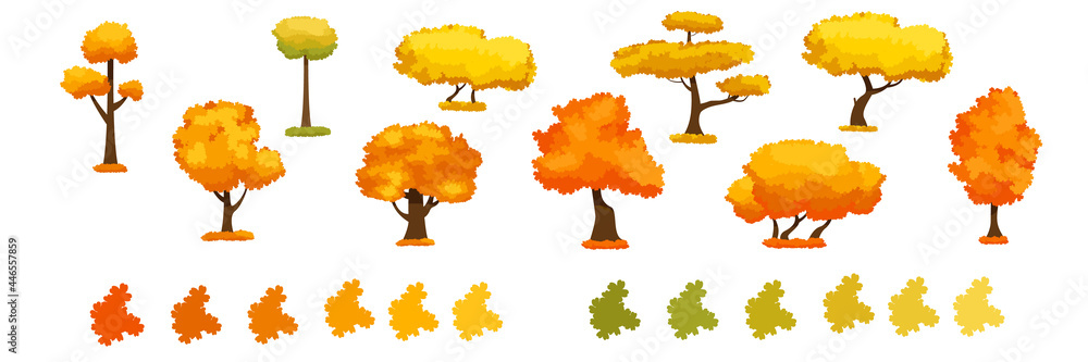 Collection Of Autumn Trees, Isolated On White Background. Simple ...