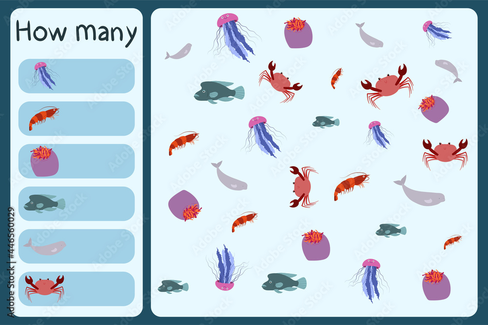 Kids mathematical mini game - count how many sea animals - jellyfish ...